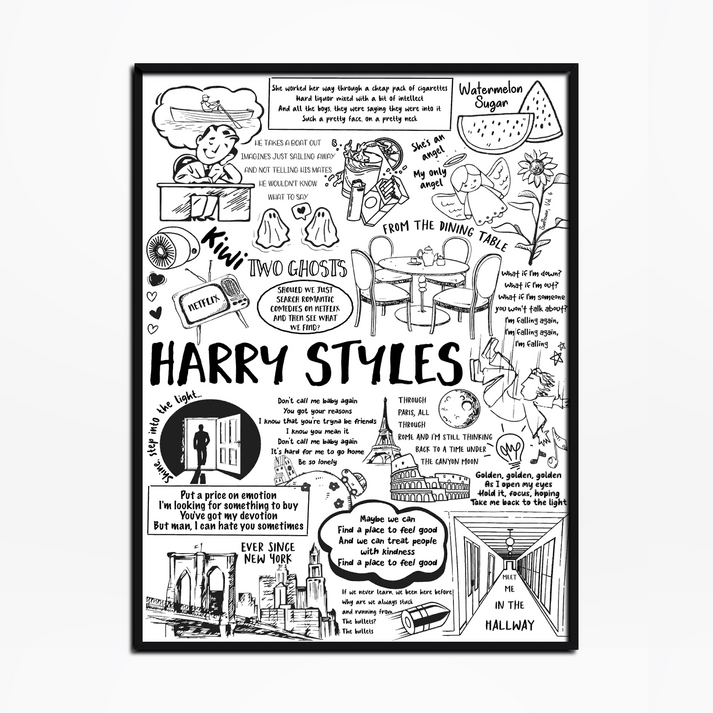 Harry Styles lyric album poster featuring illustrations and lyrics ...